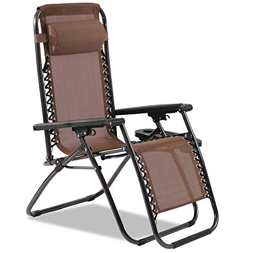 Zero Gravity Chair, Outdoor Folding Adjustable Lounge Chair Chaise 250Lbs Weight Capacity Recliner with Cup Holder and Pillows for Patio, Pool, Beach, Lawn, Deck, Yard - Brown