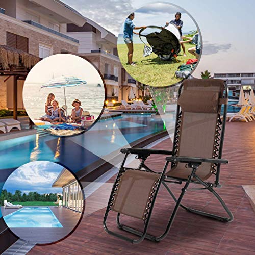 Zero Gravity Chair, Outdoor Folding Adjustable Lounge Chair Chaise 250Lbs Weight Capacity Recliner with Cup Holder and Pillows for Patio, Pool, Beach, Lawn, Deck, Yard - Brown