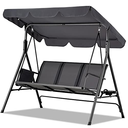 Outdoor Patio Canopy Swing,Porch Swing Chair with Stand,Textilene Fabric,3 Person All Weather Resistant Swing Bench for Garden,Backyard,Balcony,Poolside (Deep Grey)