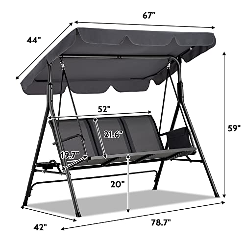 Outdoor Patio Canopy Swing,Porch Swing Chair with Stand,Textilene Fabric,3 Person All Weather Resistant Swing Bench for Garden,Backyard,Balcony,Poolside (Deep Grey)