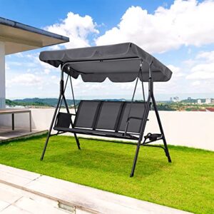 Outdoor Patio Canopy Swing,Porch Swing Chair with Stand,Textilene Fabric,3 Person All Weather Resistant Swing Bench for Garden,Backyard,Balcony,Poolside (Deep Grey)