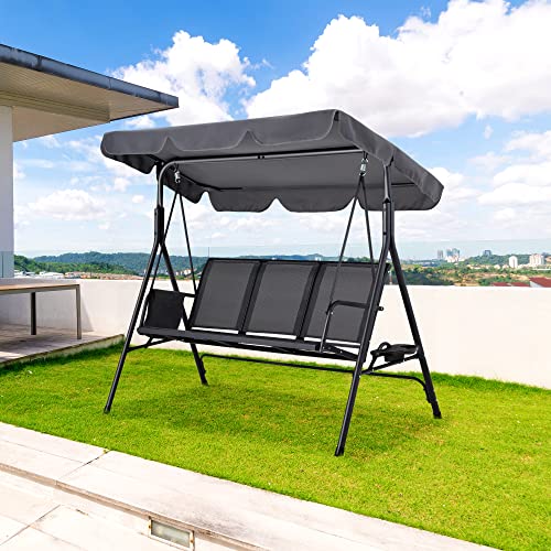 Outdoor Patio Canopy Swing,Porch Swing Chair with Stand,Textilene Fabric,3 Person All Weather Resistant Swing Bench for Garden,Backyard,Balcony,Poolside (Deep Grey)