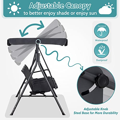 Outdoor Patio Canopy Swing,Porch Swing Chair with Stand,Textilene Fabric,3 Person All Weather Resistant Swing Bench for Garden,Backyard,Balcony,Poolside (Deep Grey)