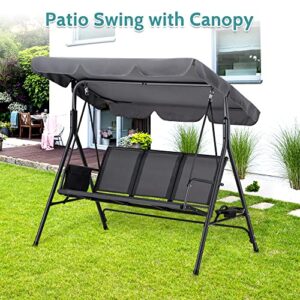 Outdoor Patio Canopy Swing,Porch Swing Chair with Stand,Textilene Fabric,3 Person All Weather Resistant Swing Bench for Garden,Backyard,Balcony,Poolside (Deep Grey)