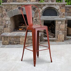 emma + oliver commercial grade 30″ h distressed red metal indoor-outdoor barstool w/ back