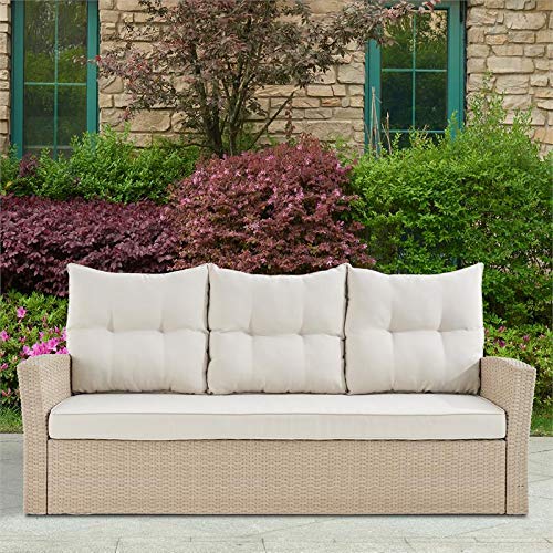 Alaterre Furniture Canaan All-Weather Wicker Outdoor Sofa with Tufted Seat-Back Cushions and Weather-Resistant Cushions, Rust-Proof Powder Coated Aluminum Frame, Cream, Outdoor Furniture, Patio Set