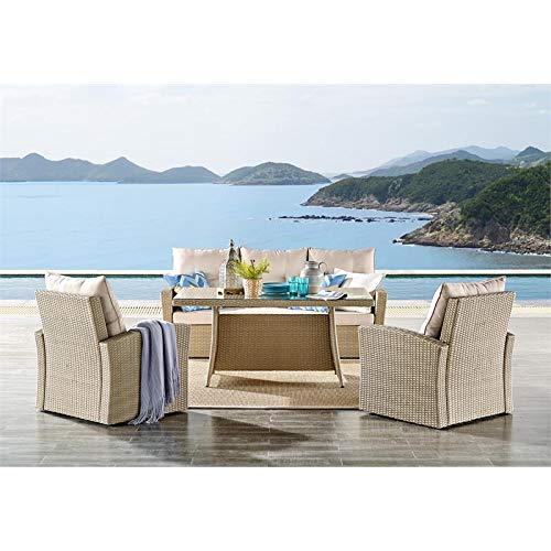 Alaterre Furniture Canaan All-Weather Wicker Outdoor Sofa with Tufted Seat-Back Cushions and Weather-Resistant Cushions, Rust-Proof Powder Coated Aluminum Frame, Cream, Outdoor Furniture, Patio Set