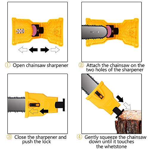 Chainsaw Sharpener Universal Chain Saw Blade Sharpener Fast Sharpening Stone Grinder Tools Bar Mounted Chainsaw Teeth Sharpener Fit for 14 16 18 20 Inches Two Holes Chain Saw Bar with total 4 Whetston