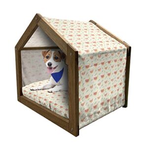 ambesonne rooster wooden pet house, pattern easter hens and flowers illustration, indoor & outdoor portable dog kennel with pillow and cover, medium, ivory pink