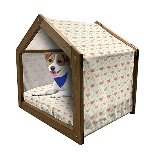 Ambesonne Rooster Wooden Pet House, Pattern Easter Hens and Flowers Illustration, Indoor & Outdoor Portable Dog Kennel with Pillow and Cover, Medium, Ivory Pink