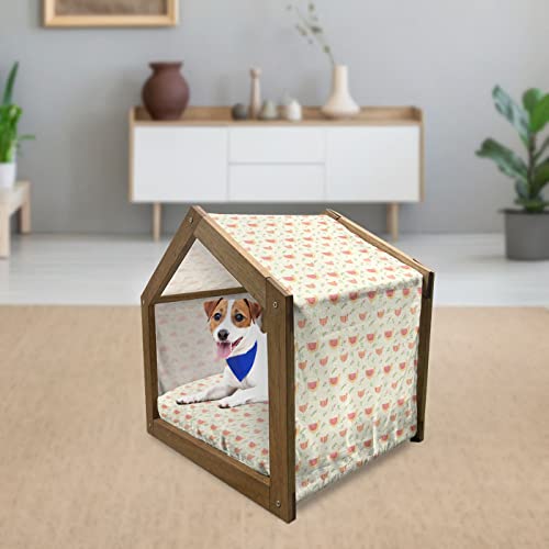 Ambesonne Rooster Wooden Pet House, Pattern Easter Hens and Flowers Illustration, Indoor & Outdoor Portable Dog Kennel with Pillow and Cover, Medium, Ivory Pink