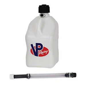 vp racing fuels 5-gallon motorsport racing liquid fuel jug utility can container and deluxe 14-inch hose with hose cap and rubber gasket, white