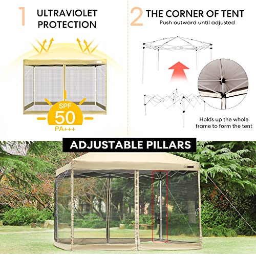 VIVOHOME 210d Oxford Easy Pop Up Canopy, 8x8 Outdoor Screen Tent with Mesh Mosquito Netting Side Walls for Camping Picnic Party Deck Yard Events, Beige 