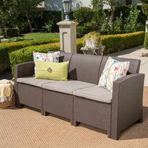 christopher knight home st. lucia outdoor 3-seater faux wicker rattan style sofa with water resistant cushions, brown / mix beige