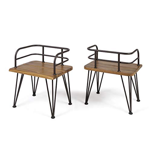 Christopher Knight Home Zion Outdoor Industrial Acacia Wood Chairs with Iron Frame, 2-Pcs Set, Teak Finish / Rustic Metal