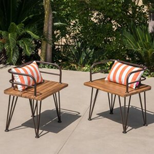 Christopher Knight Home Zion Outdoor Industrial Acacia Wood Chairs with Iron Frame, 2-Pcs Set, Teak Finish / Rustic Metal