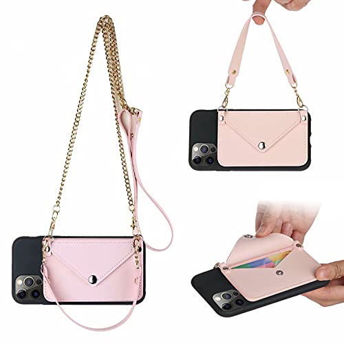 Ostop Compatible with LG K22/K22 Plus Wallet Case Crossbody Leather Adjustable and Detachable Shoulder Strap for Women,Ultra Thin Purse Silicone Soft Back Case with Credit Card,Pink