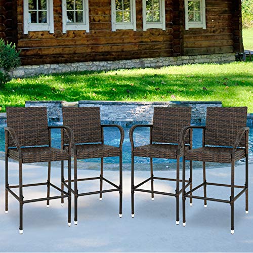 ZENY Set of 4 Wicker Barstool All Weather Dining Chairs Outdoor Patio Furniture Wicker Chairs Bar Stool with Armrest