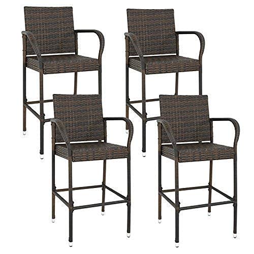 ZENY Set of 4 Wicker Barstool All Weather Dining Chairs Outdoor Patio Furniture Wicker Chairs Bar Stool with Armrest