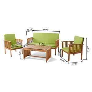 Christopher Knight Home Carolina Outdoor Acacia Wood Sofa Set with Water Resistant Cushions, 4-Pcs Set, Brown Patina / Light Green