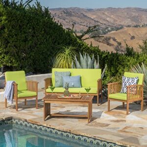 Christopher Knight Home Carolina Outdoor Acacia Wood Sofa Set with Water Resistant Cushions, 4-Pcs Set, Brown Patina / Light Green