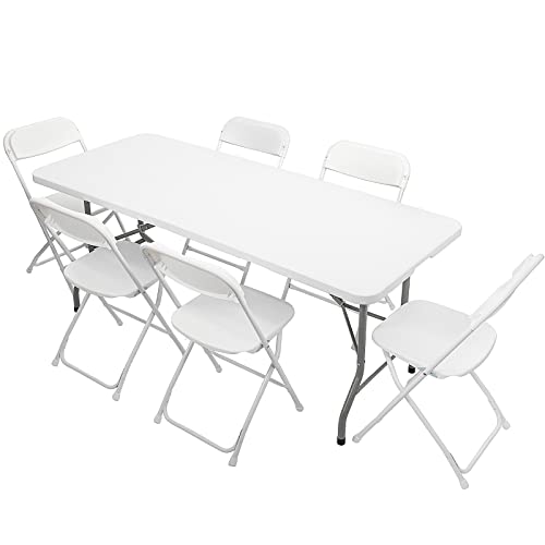 VINGLI 6 FT Plastic Folding Table Set with 6 White Folding Chairs for Picnic, Event, Training, Outdoor Activities, at Home and Commercial Use