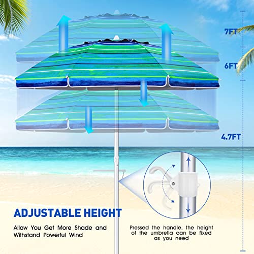 FEFLO Portable Beach Sand Umbrella Outdoor: 7ft Arc Length 6.5ft Diameter UV 50+ Large Heavy Duty Wind Proof Umbrella with Anchor and Adjustable Tilt Pole - 8 Ribs Lightweight Parasol with Carry Bag