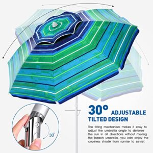 FEFLO Portable Beach Sand Umbrella Outdoor: 7ft Arc Length 6.5ft Diameter UV 50+ Large Heavy Duty Wind Proof Umbrella with Anchor and Adjustable Tilt Pole - 8 Ribs Lightweight Parasol with Carry Bag