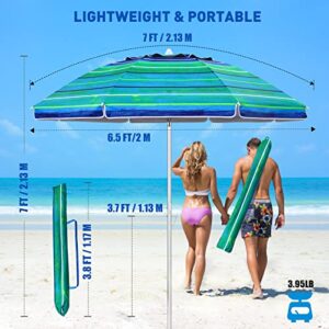 FEFLO Portable Beach Sand Umbrella Outdoor: 7ft Arc Length 6.5ft Diameter UV 50+ Large Heavy Duty Wind Proof Umbrella with Anchor and Adjustable Tilt Pole - 8 Ribs Lightweight Parasol with Carry Bag