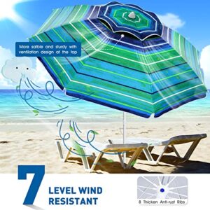 FEFLO Portable Beach Sand Umbrella Outdoor: 7ft Arc Length 6.5ft Diameter UV 50+ Large Heavy Duty Wind Proof Umbrella with Anchor and Adjustable Tilt Pole - 8 Ribs Lightweight Parasol with Carry Bag