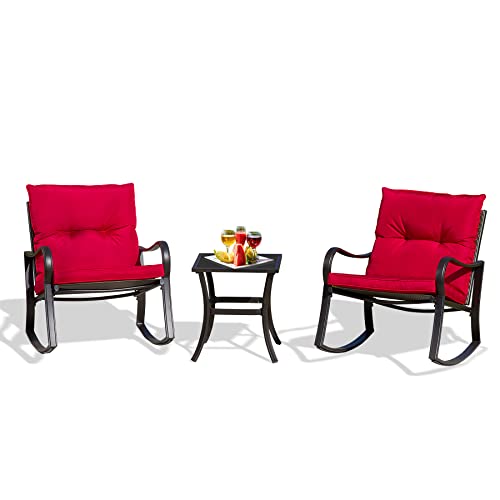 domi outdoor living 3 Pieces Bistro Set Outdoor Rocking Chairs All Weather Patio Wicker Furniture Set with Thickened Cushion and Glass Top Coffee Table for Yard,Bistro (Red)