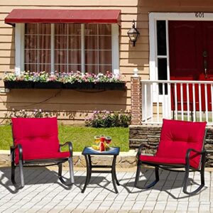 domi outdoor living 3 Pieces Bistro Set Outdoor Rocking Chairs All Weather Patio Wicker Furniture Set with Thickened Cushion and Glass Top Coffee Table for Yard,Bistro (Red)