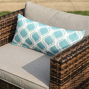 COSIEST Outdoor Furniture All-Weather Mottlewood Brown Wicker Single Chair w Warm Gray Thick Cushions, Teal Pattern Pillow