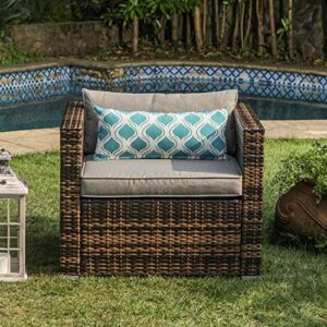 COSIEST Outdoor Furniture All-Weather Mottlewood Brown Wicker Single Chair w Warm Gray Thick Cushions, Teal Pattern Pillow