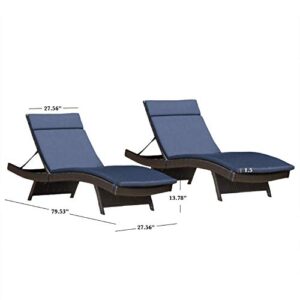 Christopher Knight Home Salem Outdoor Wicker Adjustable Chaise Lounge with Colored Cushions, 2-Pcs Set, Multibrown And Navy Blue