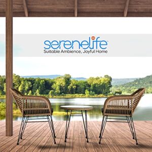 SereneLife 3 Piece Chat, Outdoor Living Rattan Furniture Set Includes 2 Single Chairs w/Cushions and 1 Glass-top Coffee Table (Brown)