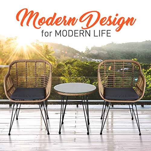 SereneLife 3 Piece Chat, Outdoor Living Rattan Furniture Set Includes 2 Single Chairs w/Cushions and 1 Glass-top Coffee Table (Brown)