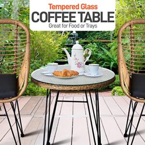 SereneLife 3 Piece Chat, Outdoor Living Rattan Furniture Set Includes 2 Single Chairs w/Cushions and 1 Glass-top Coffee Table (Brown)