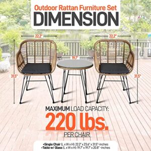 SereneLife 3 Piece Chat, Outdoor Living Rattan Furniture Set Includes 2 Single Chairs w/Cushions and 1 Glass-top Coffee Table (Brown)