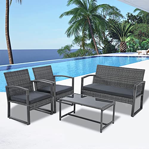 Patiorama 4 Pieces Outdoor Patio Furniture Set, Outdoor Wicker Conversation Set, Patio Rattan Chair Set, Modern Bistro Set with Coffee Table, Garden Balcony Backyard Poolside (Dark Grey)