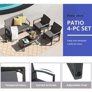 Patiorama 4 Pieces Outdoor Patio Furniture Set, Outdoor Wicker Conversation Set, Patio Rattan Chair Set, Modern Bistro Set with Coffee Table, Garden Balcony Backyard Poolside (Dark Grey)