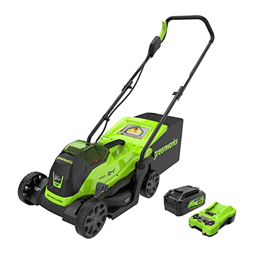 Greenworks 24V 13-Inch Brushless Push Lawn Mower, Cordless Electric Lawn Mower with 4.0Ah USB (Power Bank) Battery and Charger Included