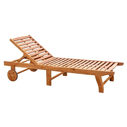 Outsunny Outdoor Folding Chaise Lounge Chair Recliner with Wheels, Acacia Wood Frame - Teak Color