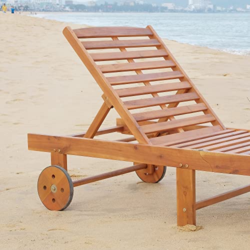 Outsunny Outdoor Folding Chaise Lounge Chair Recliner with Wheels, Acacia Wood Frame - Teak Color