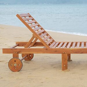 Outsunny Outdoor Folding Chaise Lounge Chair Recliner with Wheels, Acacia Wood Frame - Teak Color