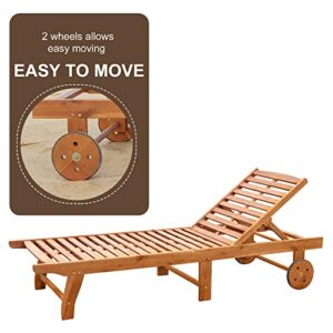 Outsunny Outdoor Folding Chaise Lounge Chair Recliner with Wheels, Acacia Wood Frame - Teak Color