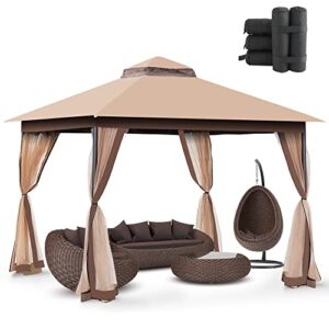 charmeleon gazebo 10×10, outdoor gazebo with 4 sandbags, double vented roof gazebo with screen netting walls, waterproof patio canopy for deck, party & backyard (khaki)