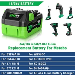 Jialitt 36V/18V 6.0Ah Li-Ion Replacement for Metabo HPT Battery MultiVolt 36V/18V 371751M 372121M BSL36A18 BSL36B18 Cordless Power Tools