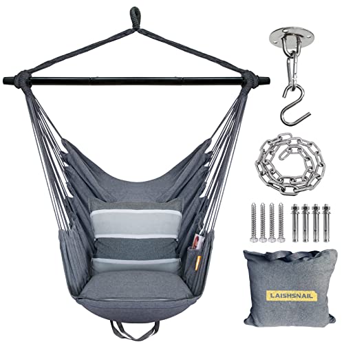 LAISHSNAIL Hammock Chair Swing, Hanging Chair for Bedroom with Metal Support Bar, Integrated Storage Bag, Cushions & Hardware Included, Swing Chair for Indoor or Outdoor (with Hardware-Gray&White)