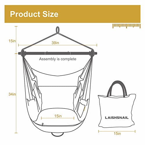 LAISHSNAIL Hammock Chair Swing, Hanging Chair for Bedroom with Metal Support Bar, Integrated Storage Bag, Cushions & Hardware Included, Swing Chair for Indoor or Outdoor (with Hardware-Gray&White)